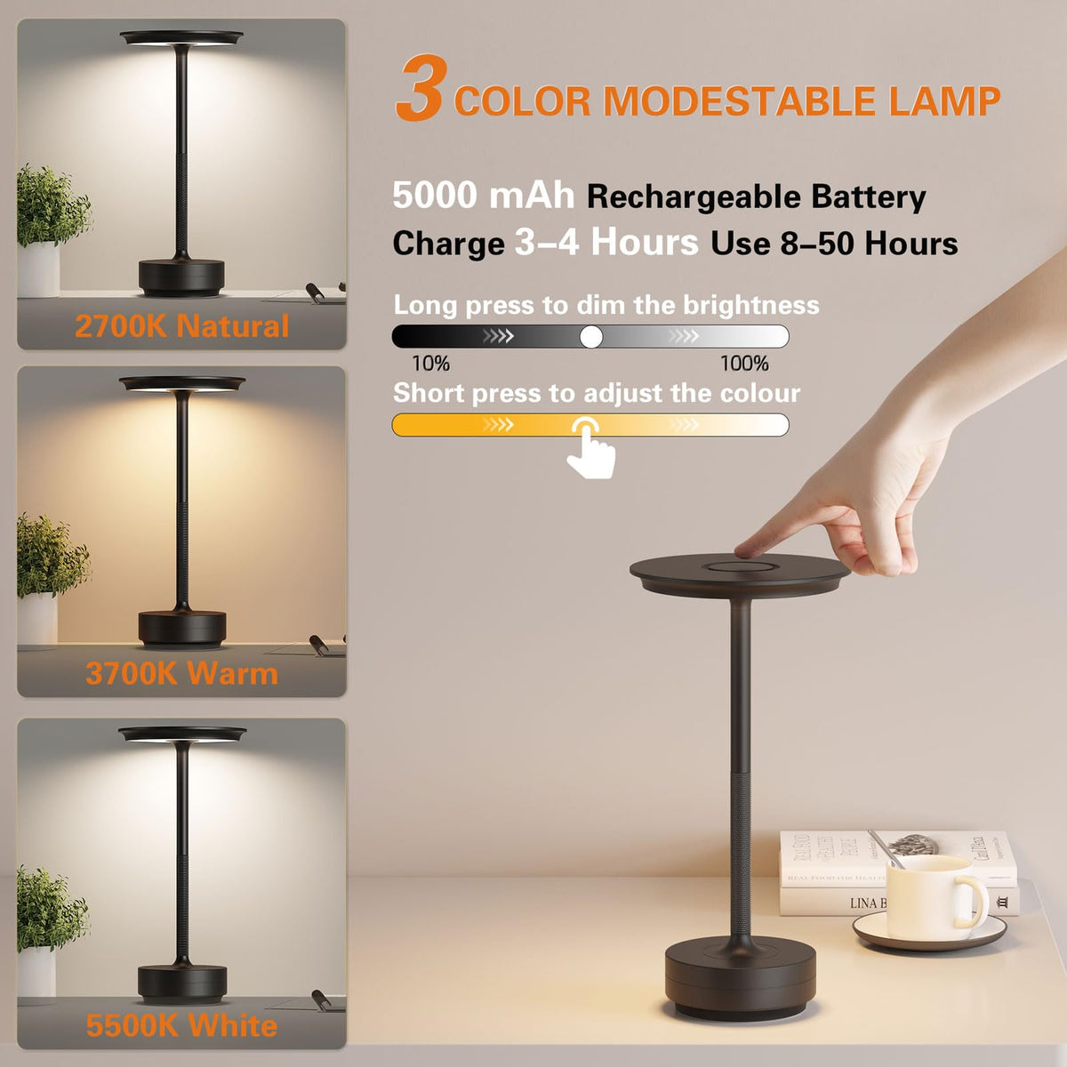 Ztflos Rechargeable Cordless Table Lamps, Portable 5000Mah Battery Tab ...