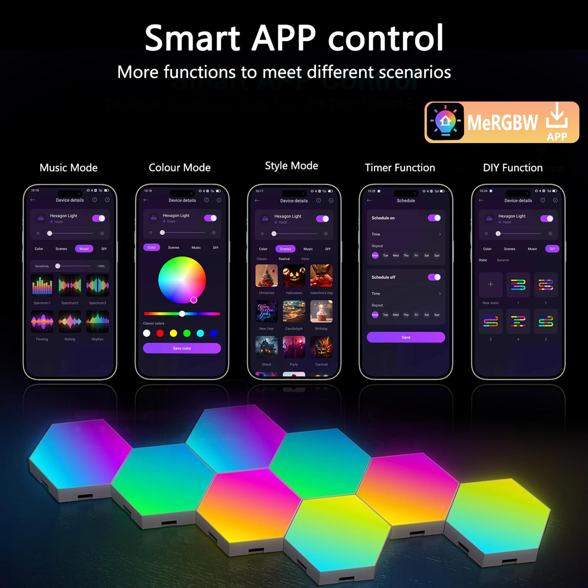 Zwzasm RGB Hexagon Wall Lights, 12 Pack Smart LED Panel Lights with App ...