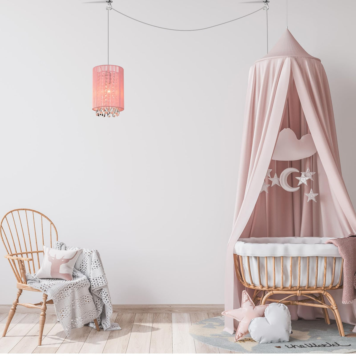 LaLuLa Hanging Lamp, 1-Light Pendant Light, Pink Cotton with Plug-in C ...