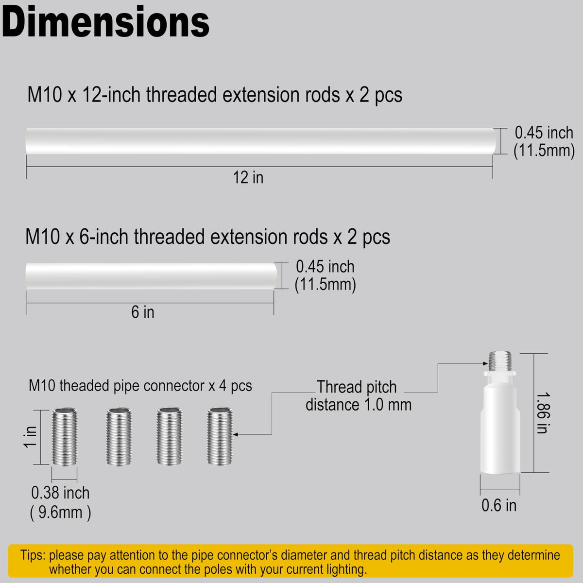 M10 Threaded Extension Poles Lighting Fixture Downrods Stems & 180 Deg ...