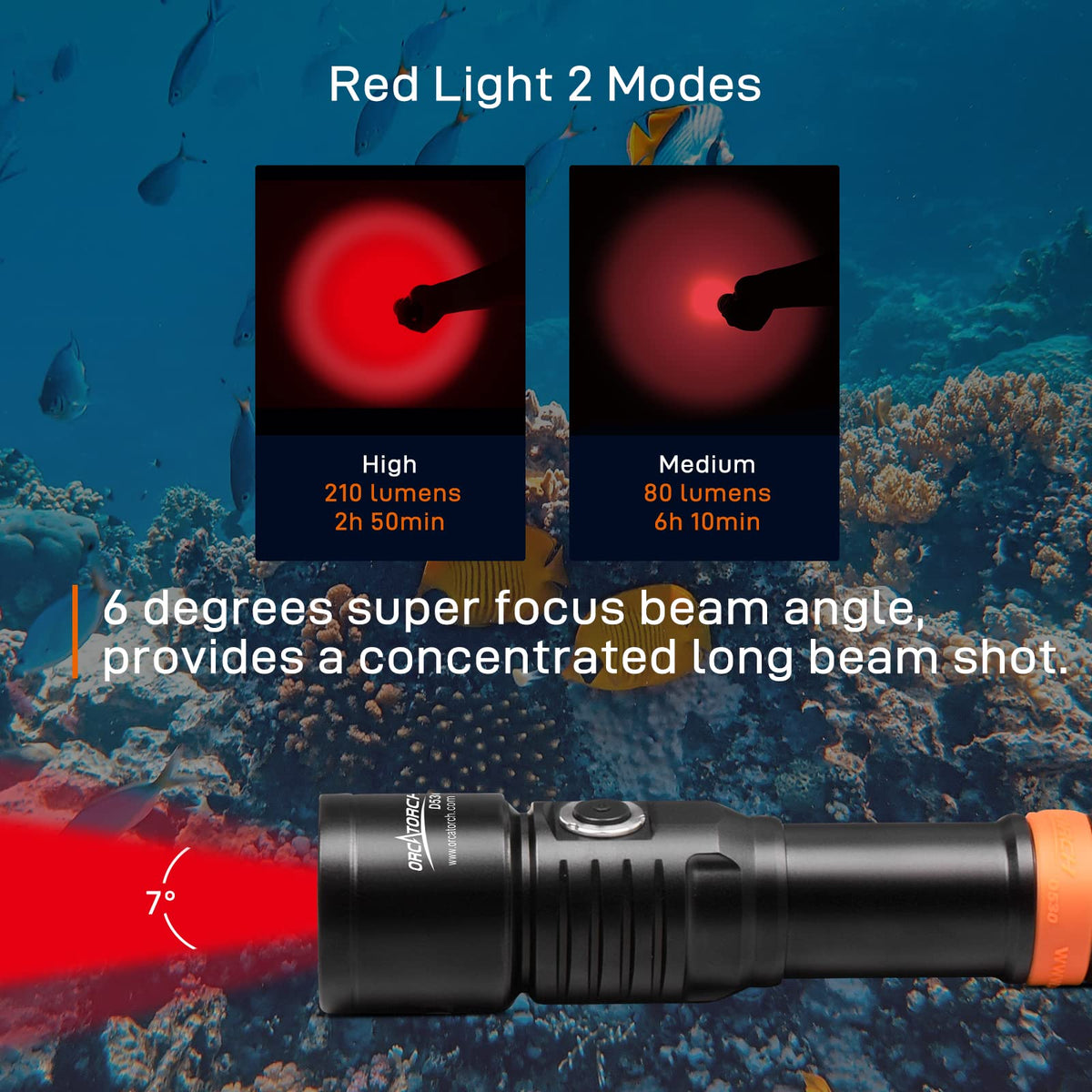 Orcatorch D530 Red Led Dive Light Scuba Flashlight 210 Lumens 6 Degree ...
