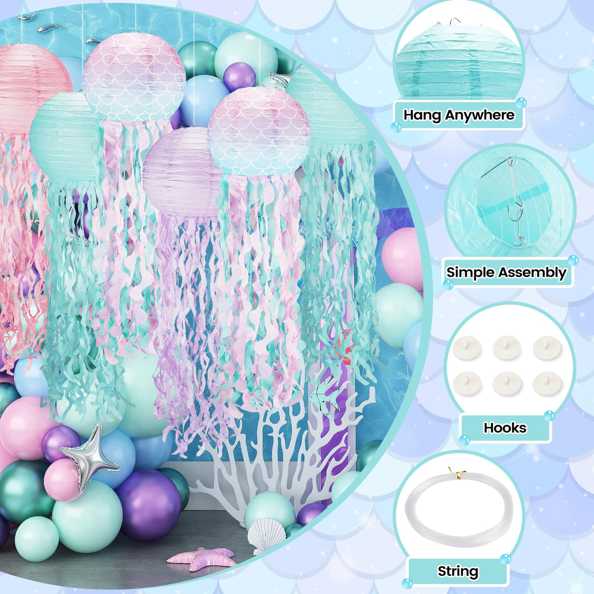 Jellyfish Paper Lanterns 6Pack,10 Inch Mermaid Birthday Decorations ...