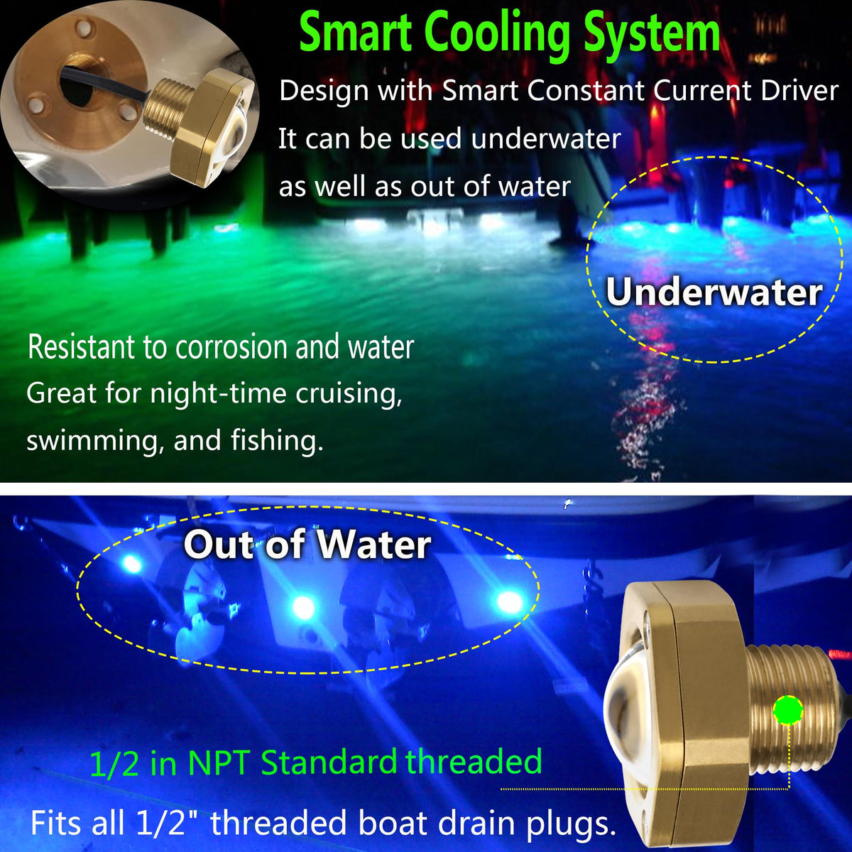 NBWDY Boat Drain Plug Light, 2 Pcs, 4100LM, IP68 Underwater LED, Remot ...