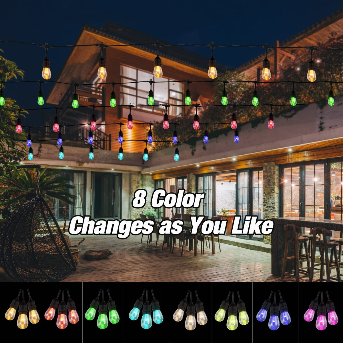 IPStank Color Changing Outdoor String Lights, 48FT Patio Waterproof ...