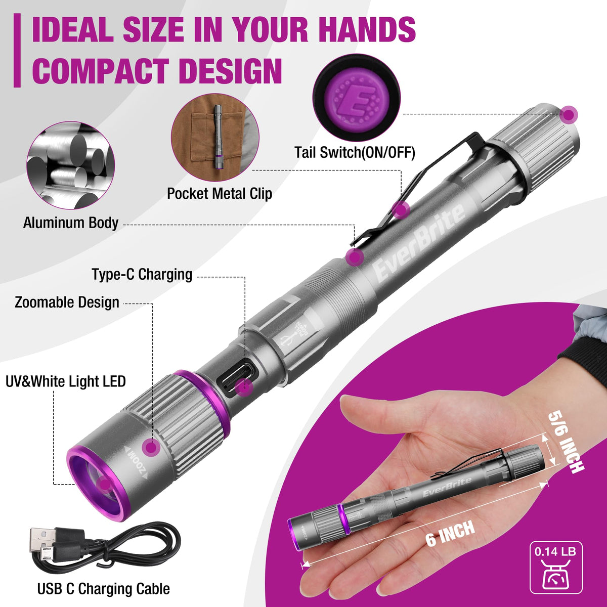 EverBrite Rechargeable Pen Flashlight, UV & White Light, 395nm, Zoomab ...