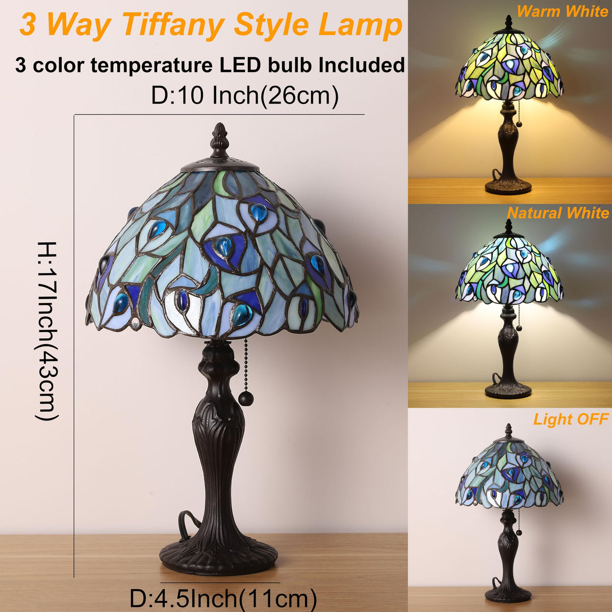 FUMAT Tiffany Table Lamp for Living Room Blue Phoenix Tail Stained ...