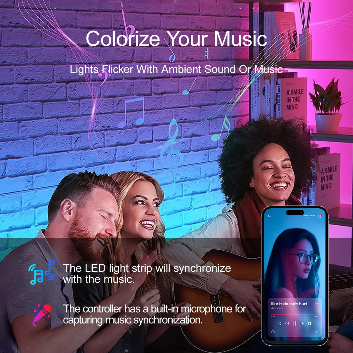 LED Strip Lights For Bedroom 100 FT , Music Synchronized RGB Color ...