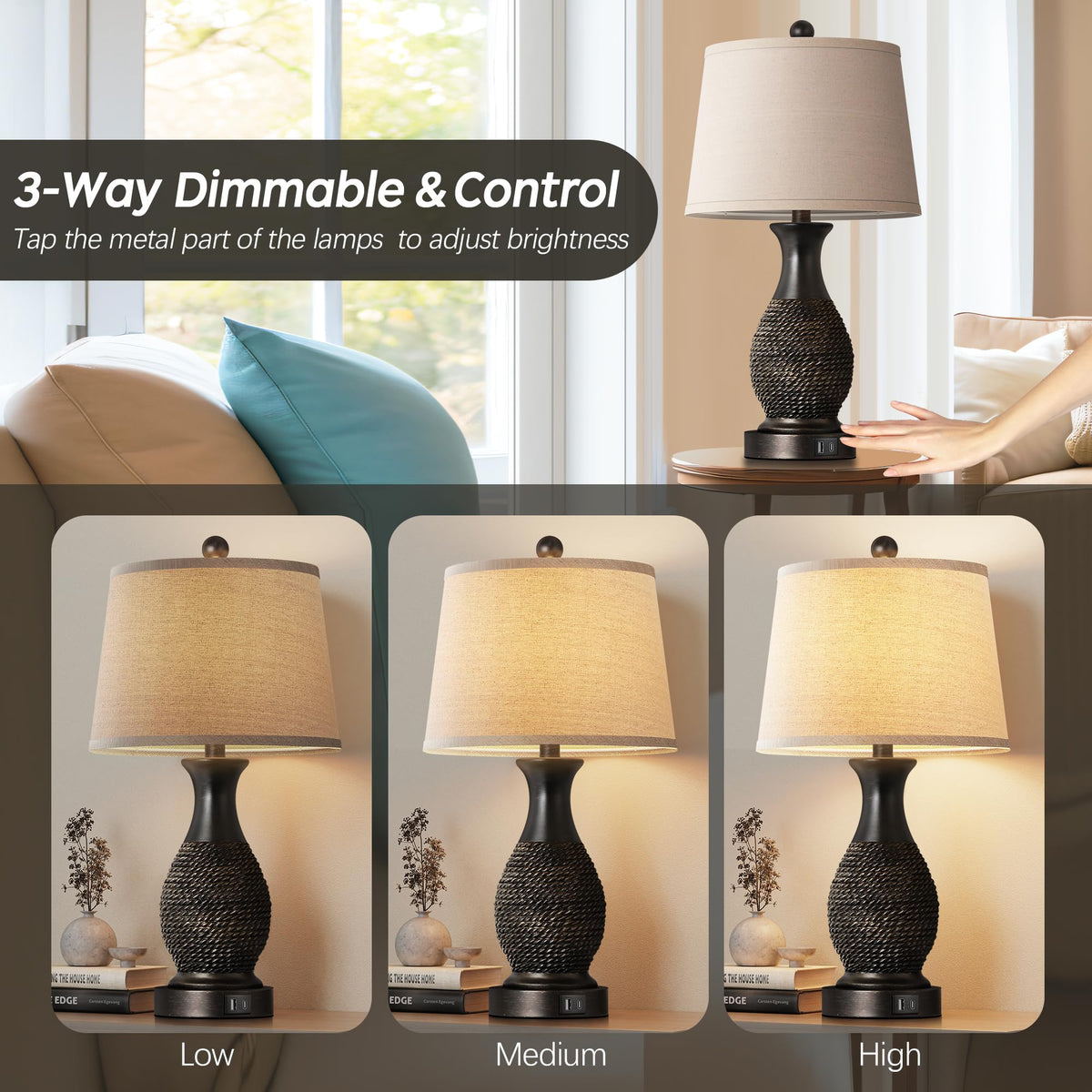 PARTPHONER Table Lamps Set of 2, Touch Control, USB Charging, Black 22 ...