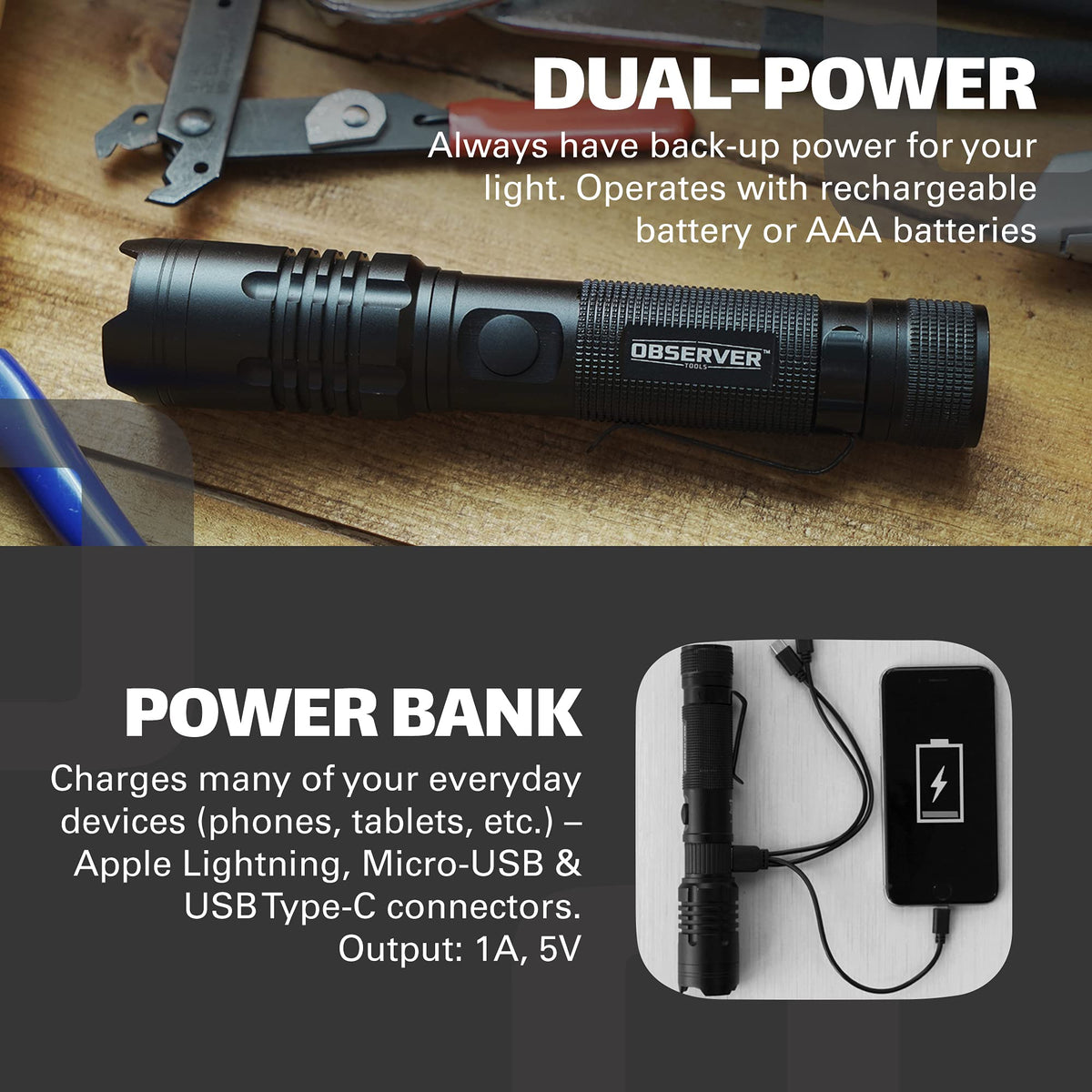 Observer Tools Flashlight, LED, 1200 Lumens, Rechargeable, Aluminum, B ...