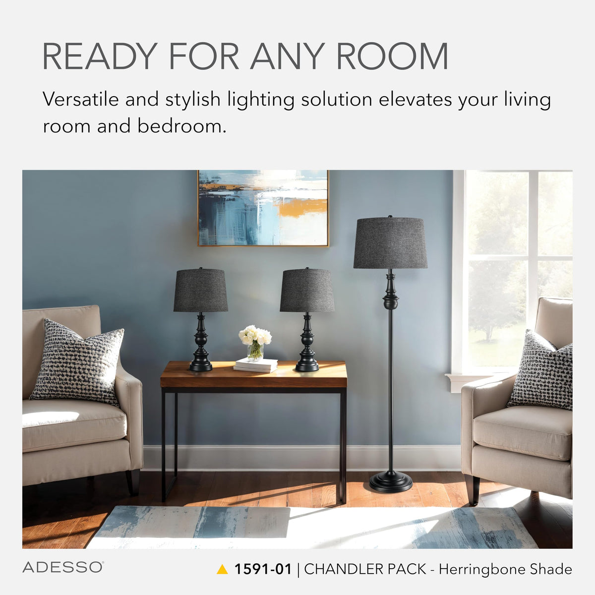 Adesso 3-Piece Lamp Set - Two Table Lamps & One Floor Lamp, Bronze Bas ...