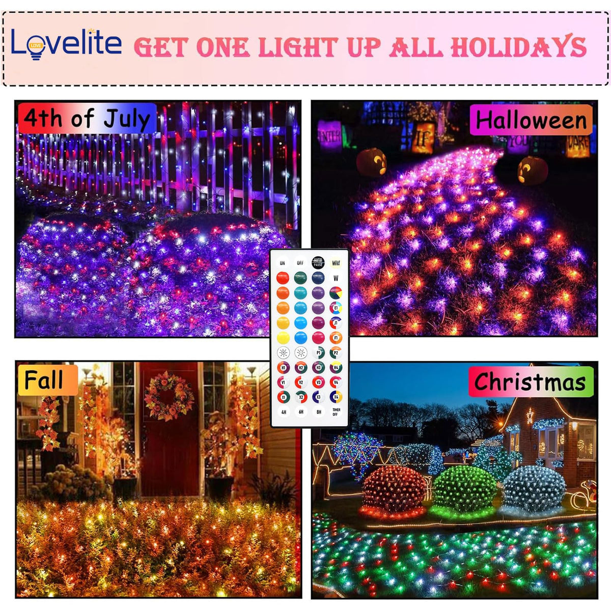 Lovelite 240 LED Net Lights - 14.8ft x 5ft RGB Color Changing Outdoor ...