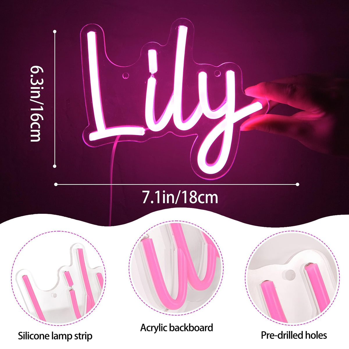 attneon Lily Name Neon Sign - LED Wall Decor for Kids, Pink, 9x6.7 inc ...