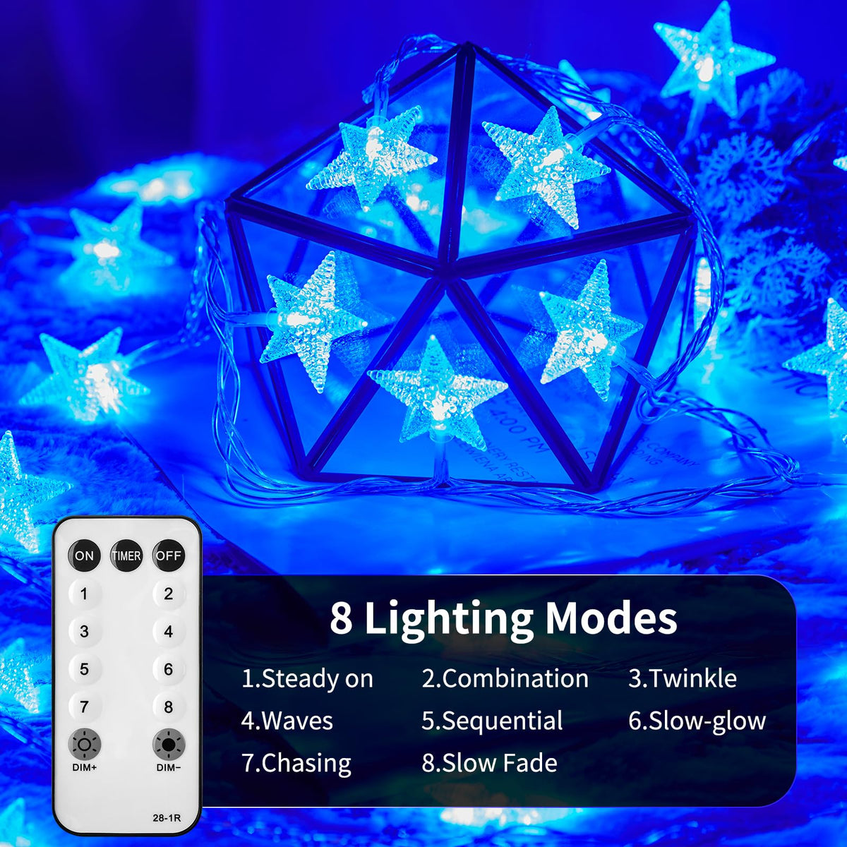 Minetom String Lights - 33 ft, 100 LED, Blue and White Star, Waterproo ...