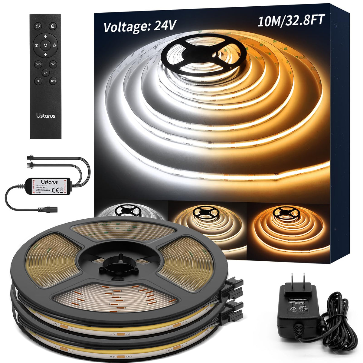 Ustarus COB LED Light Strip White Dimmable 32.8FT 24V 2700K-6500K, COB ...