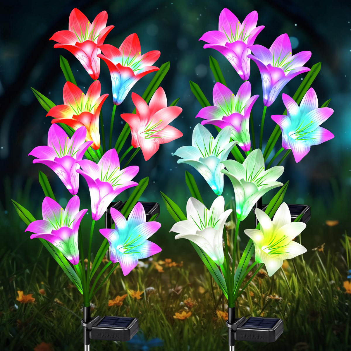 Ostritec Solar Lights Outdoor, 4 Pack Multi-Color Lily Flowers for Gar ...