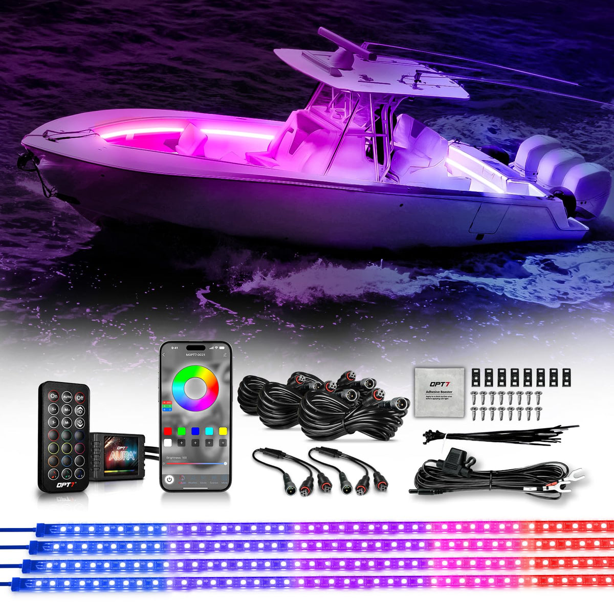 OPT7 Aura DreamColor Marine LED Strips Light Kit, 4 PCS RGB-IC, 12V Wa ...