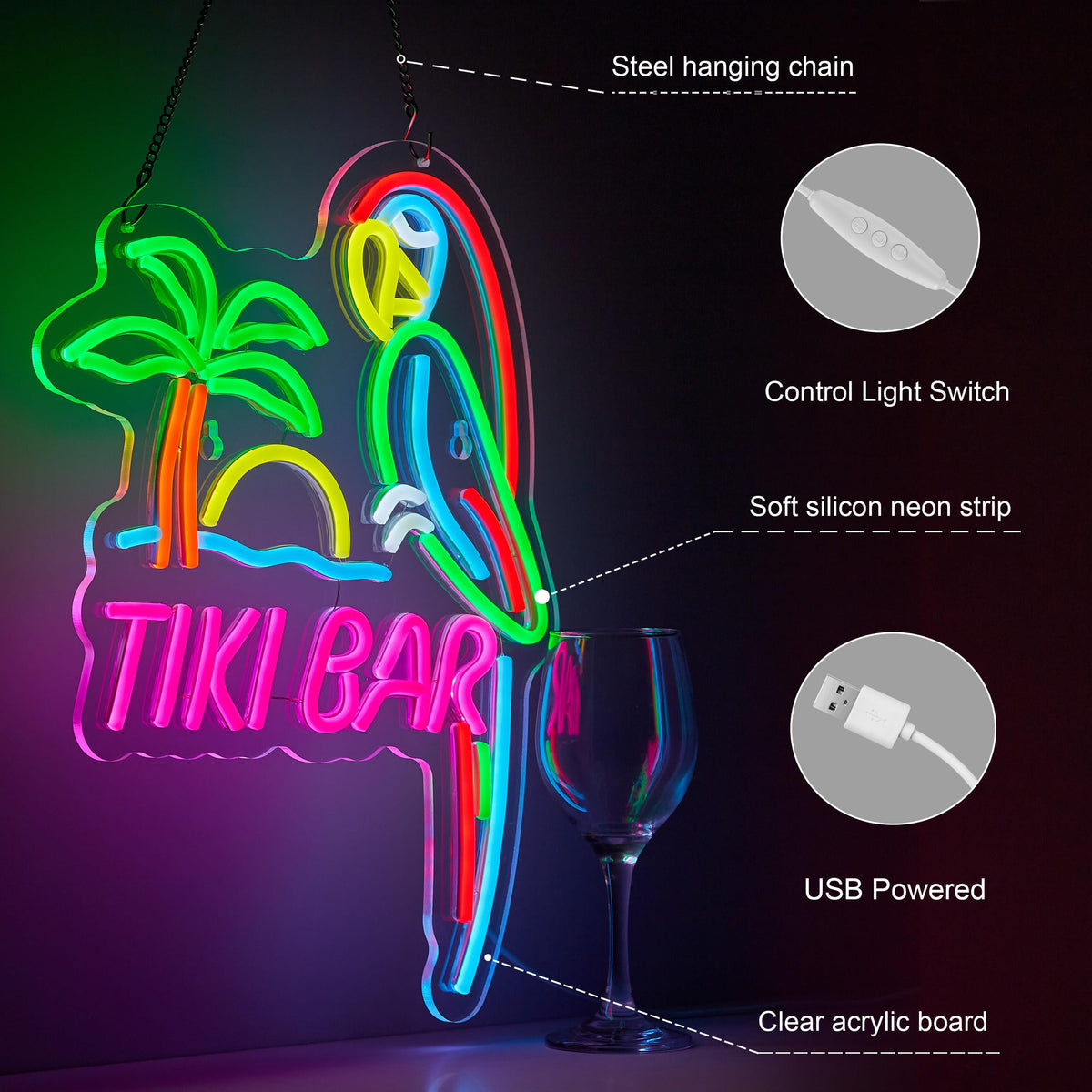 ZODZ Tiki Bar Parrot Neon Light Sign Dimmable USB Powered 17x13 inch P ...