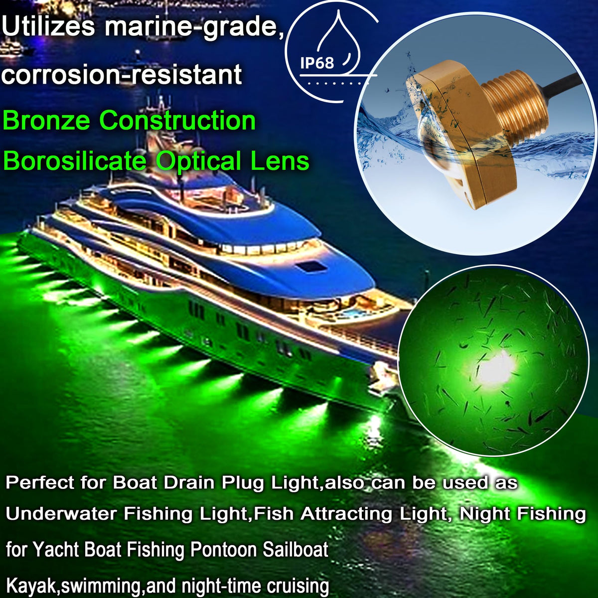 NBWDY 1/2in NPT Boat Drain Plug Light, 4100LM LED, IP68 Waterproof, Gr ...