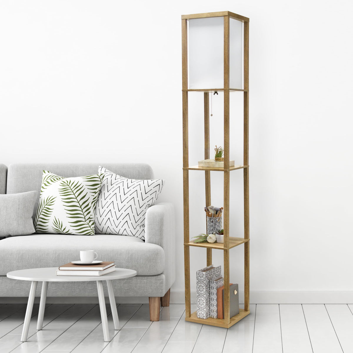 Simple Designs LF1038-WOD Modern 3 Tier Floor Lamp with Linen Shade, L ...