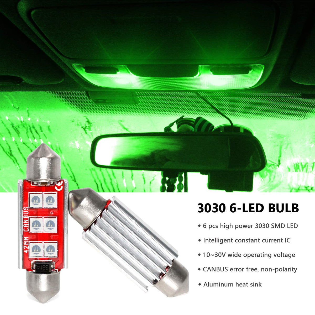 PHINLION LED Bulb 3030 6-SMD Festoon 41mm Green 4 Pack for Car Interio ...
