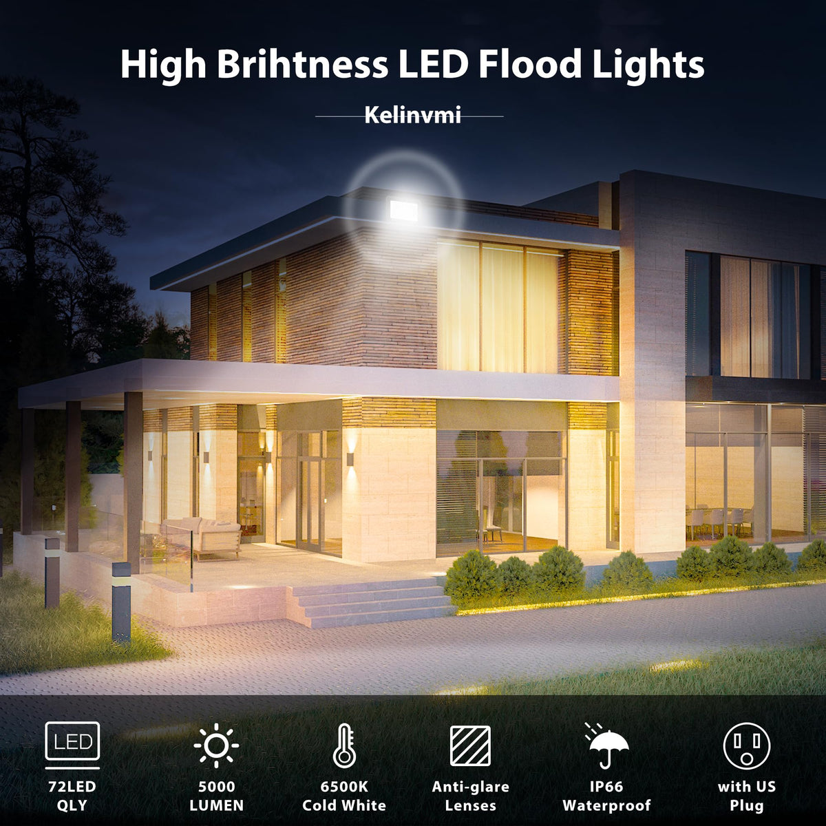 kelinvmi LED Flood Light 50W, 5000lm, 6500K, IP66 Outdoor Security Lig ...