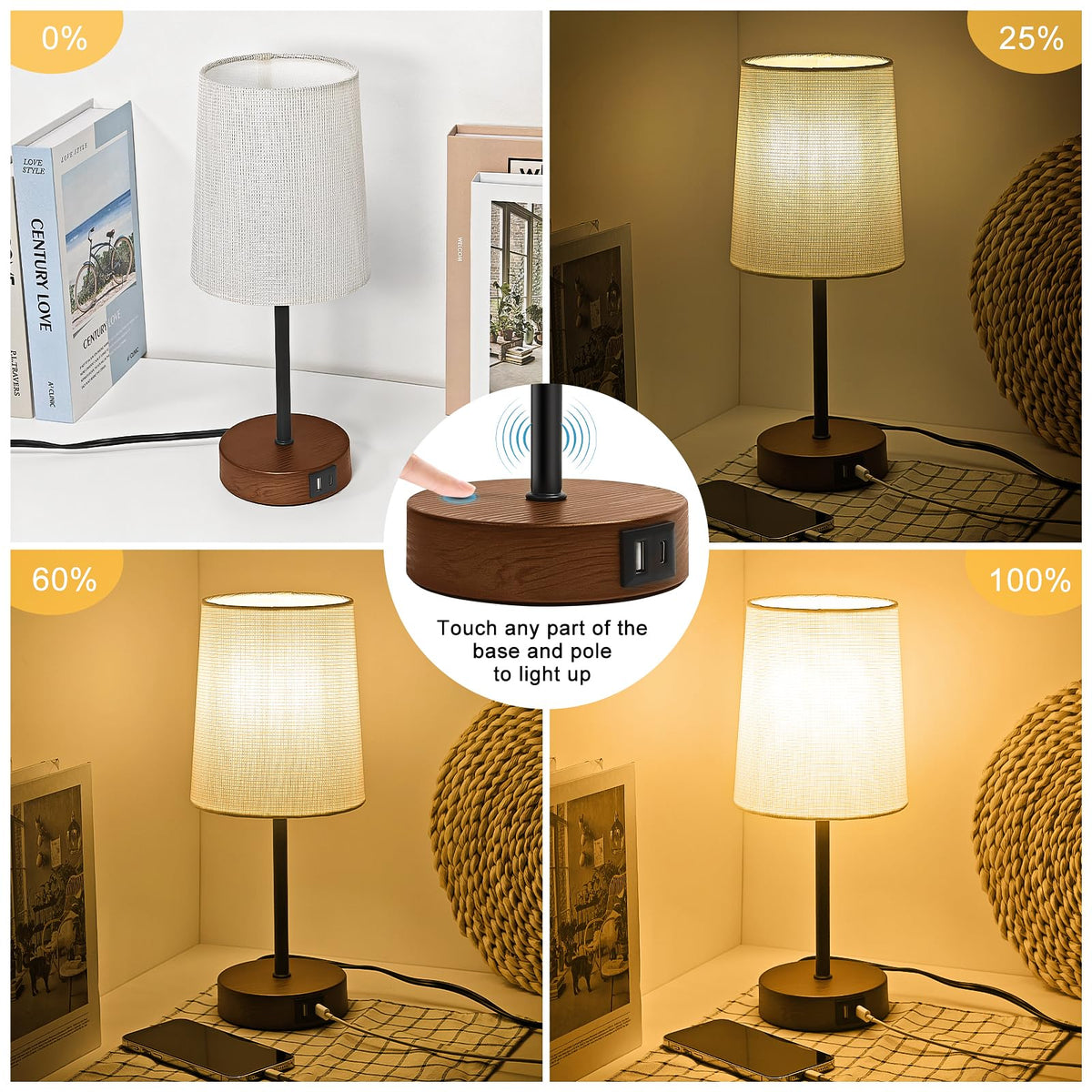 LuxeBeam Modern USB & Type-C Bedside Lamp with Touch Control, Dimmable ...
