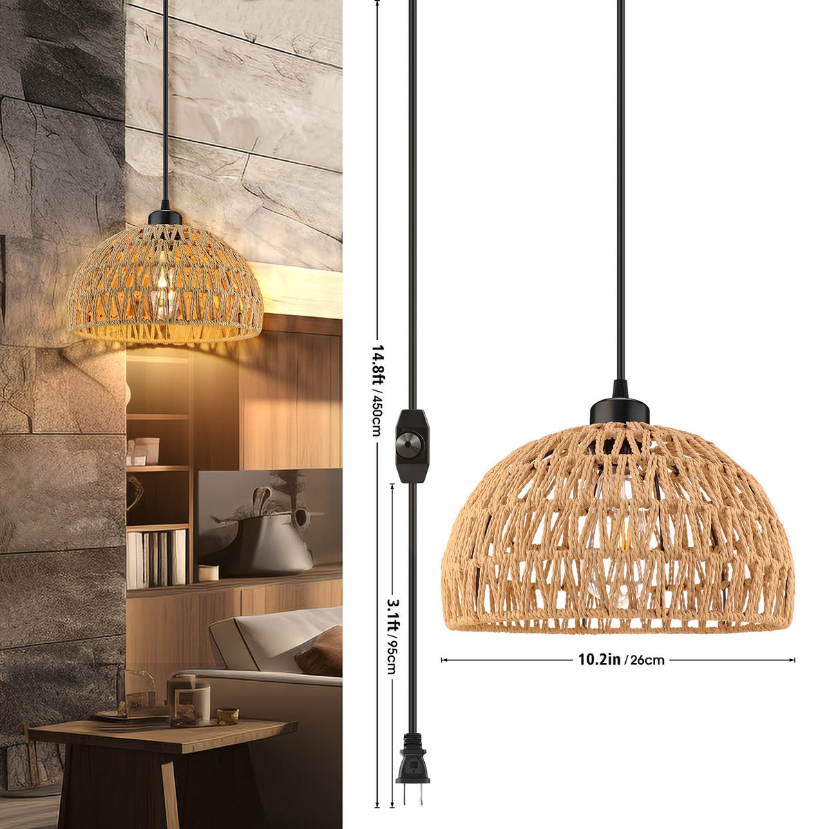 Plug In Pendant Light, 15Ft Hemp Rope Cord,Hanging Light With Plug In ...