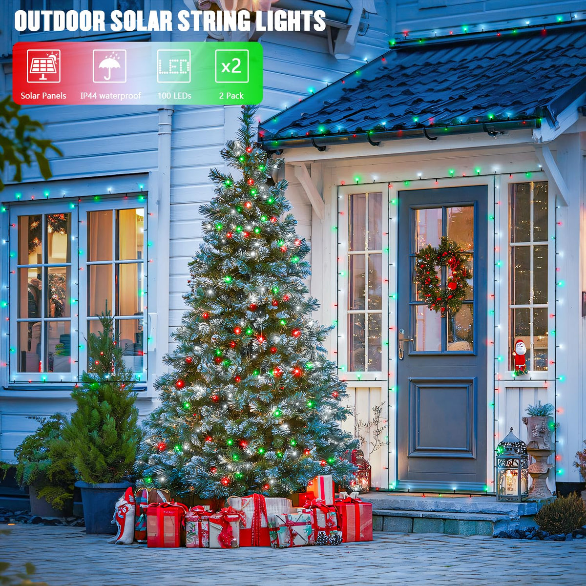 JMEXSUSS Solar Christmas Lights, 100 LED, 33 FT, Waterproof, Red White ...