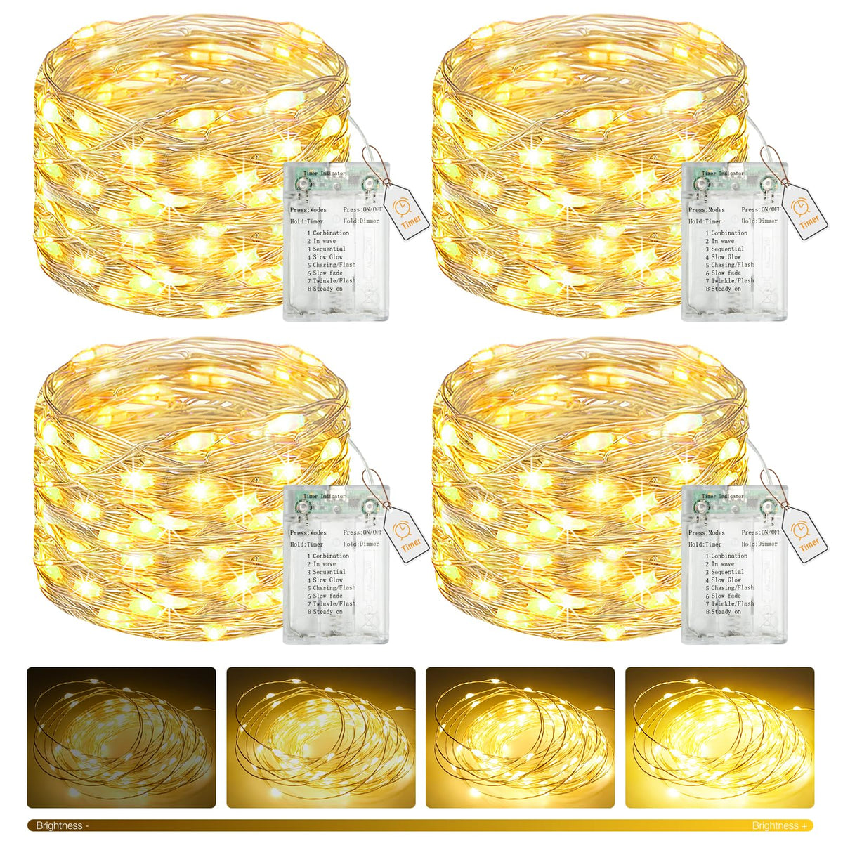 btfarm 4 Pack Fairy Lights Battery Operated with Timer, 16.4 FT 50 LED ...