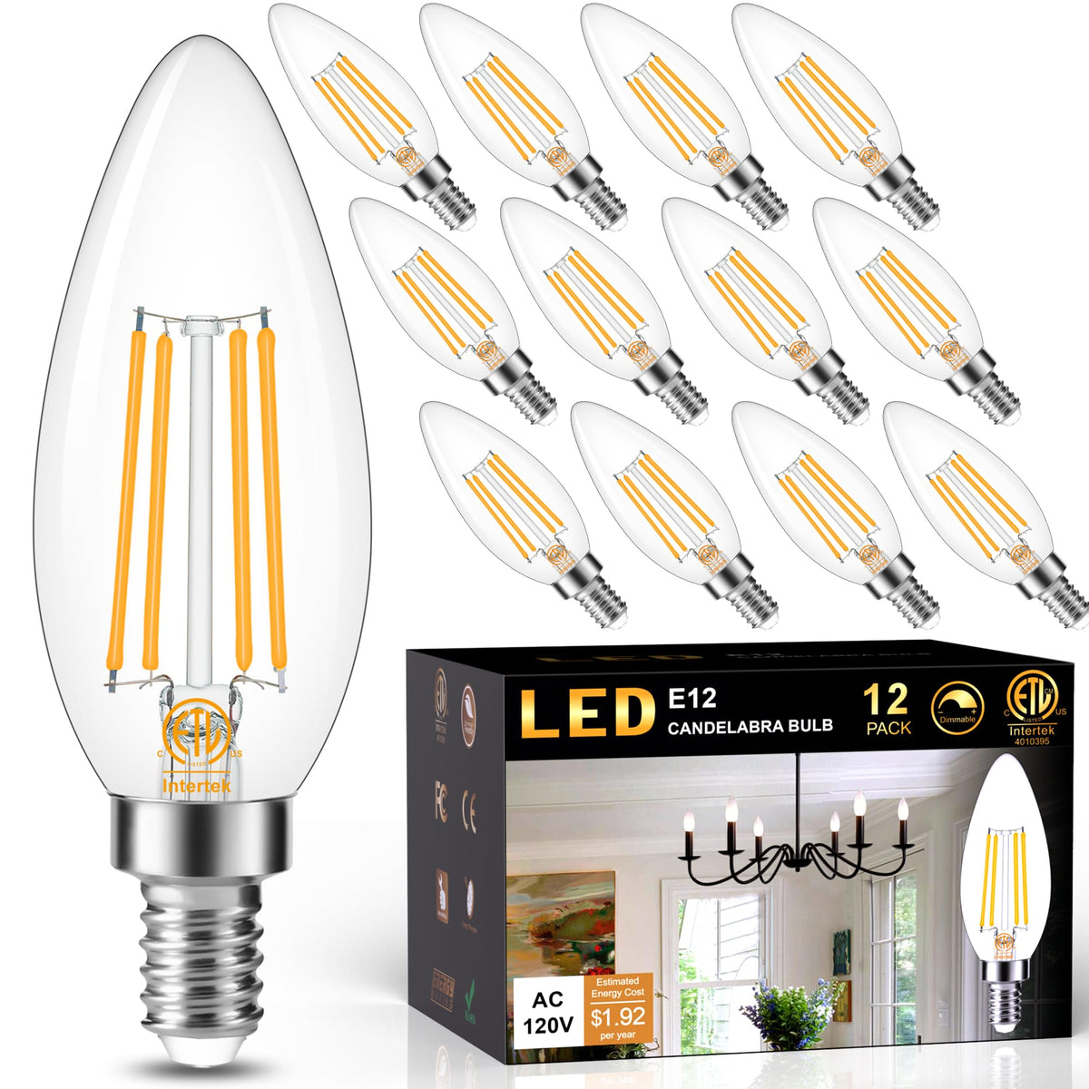 Cotanic LED Candelabra Bulb Dimmable 2700K Warm White, E12 Base, 60W E ...
