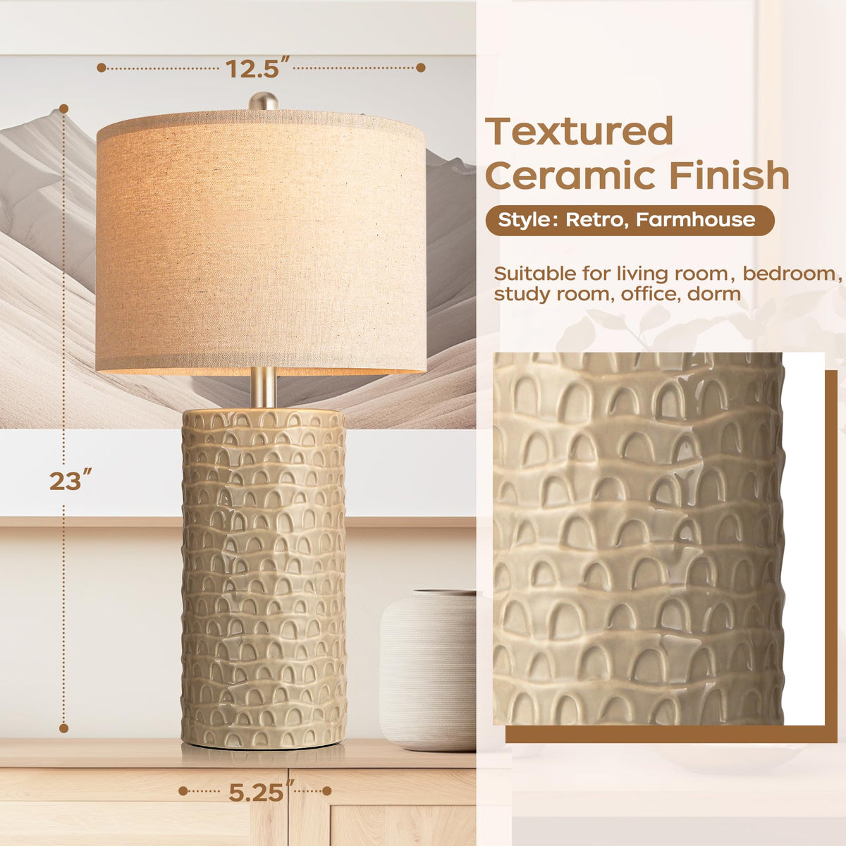 PARTPHONER Ceramic Table Lamp Set of 2, Rustic Beige, Model STR-DL-000 ...