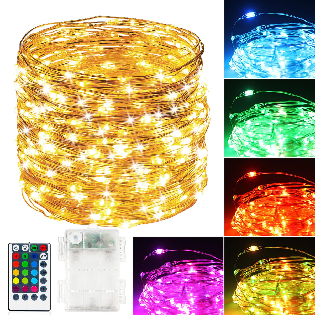 Hoofun 39FT RGB Color Changing Fairy Lights, Battery Operated, Copper ...