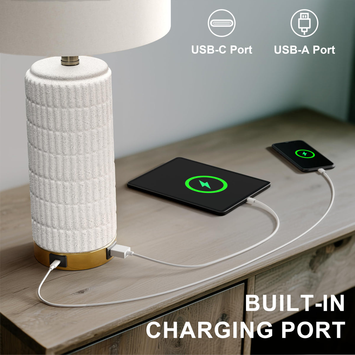 PoKat Touch Bedside Table Lamp with USB Port, 25in Dimmable, Frosted W ...