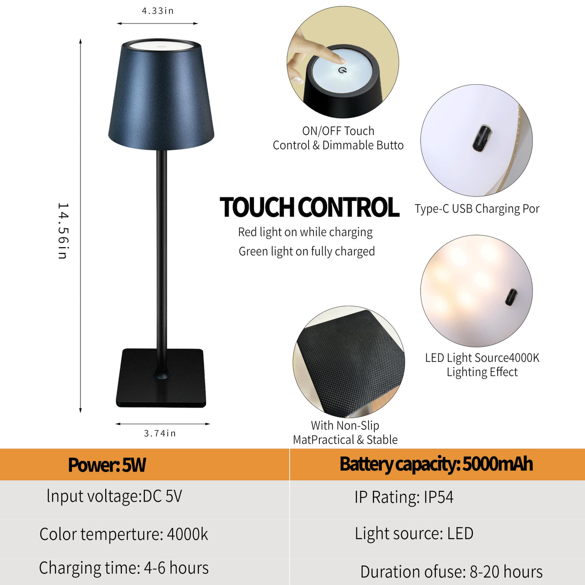 Layshineen Wireless Table Lamp Rechargeable, Portable Touch Lamp 5000M ...