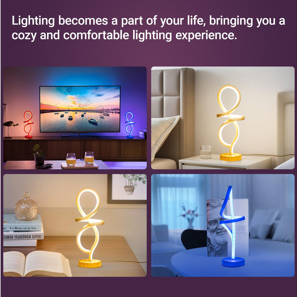 Mayful Modern Table Lamp, LED Spiral Lamp, RGB Table Lamp, Wood Grain ...