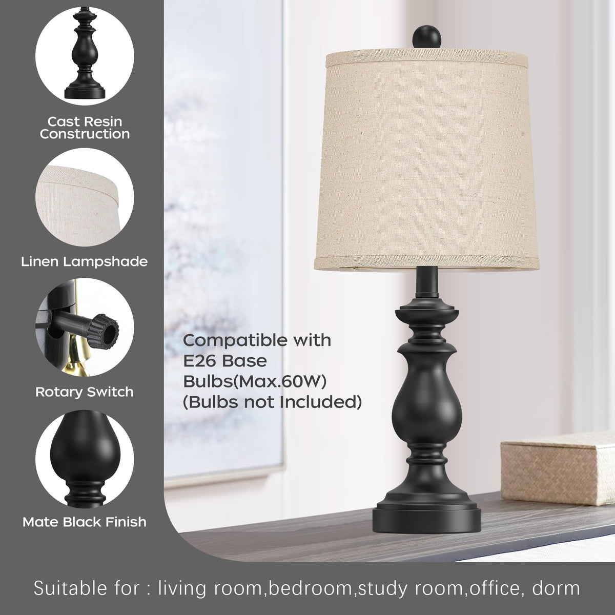 PARTPHONER Traditional Table Lamp Set of 2, 22in Rustic Black Resin La ...