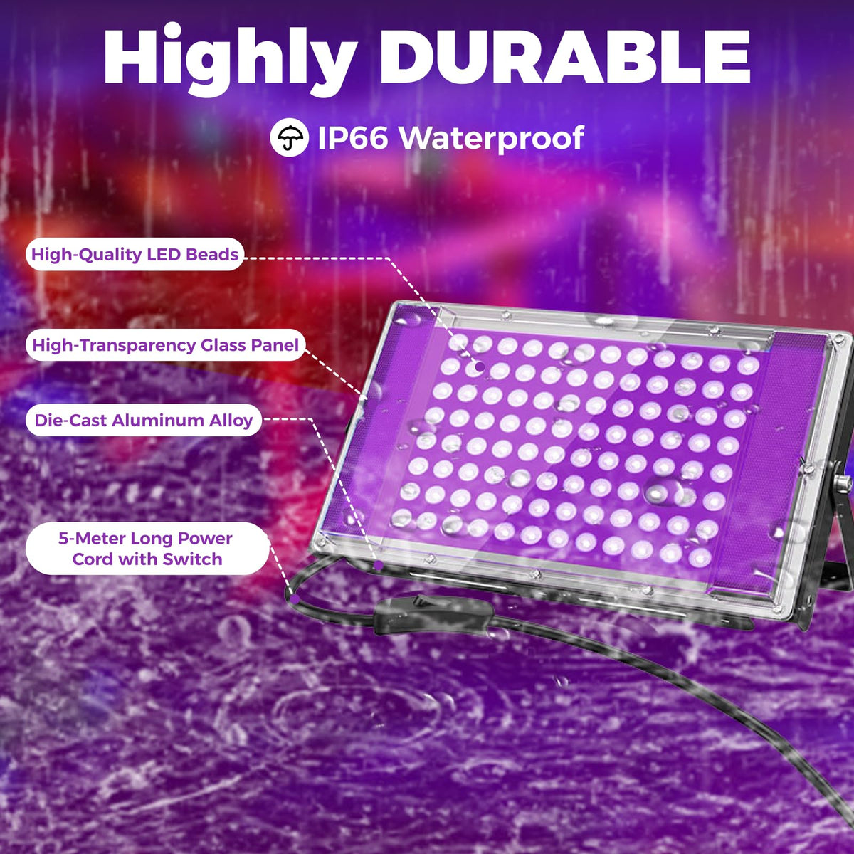 Aurohope 100W Led Black Light 385Nm Uv Flood Light With Plug & Switch ...