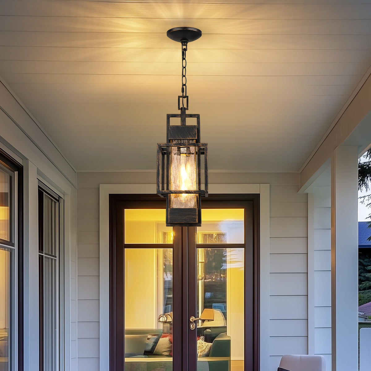 PARTPHONER 15in Outdoor Pendant Light, Black Brushed Gold Metal Chande ...