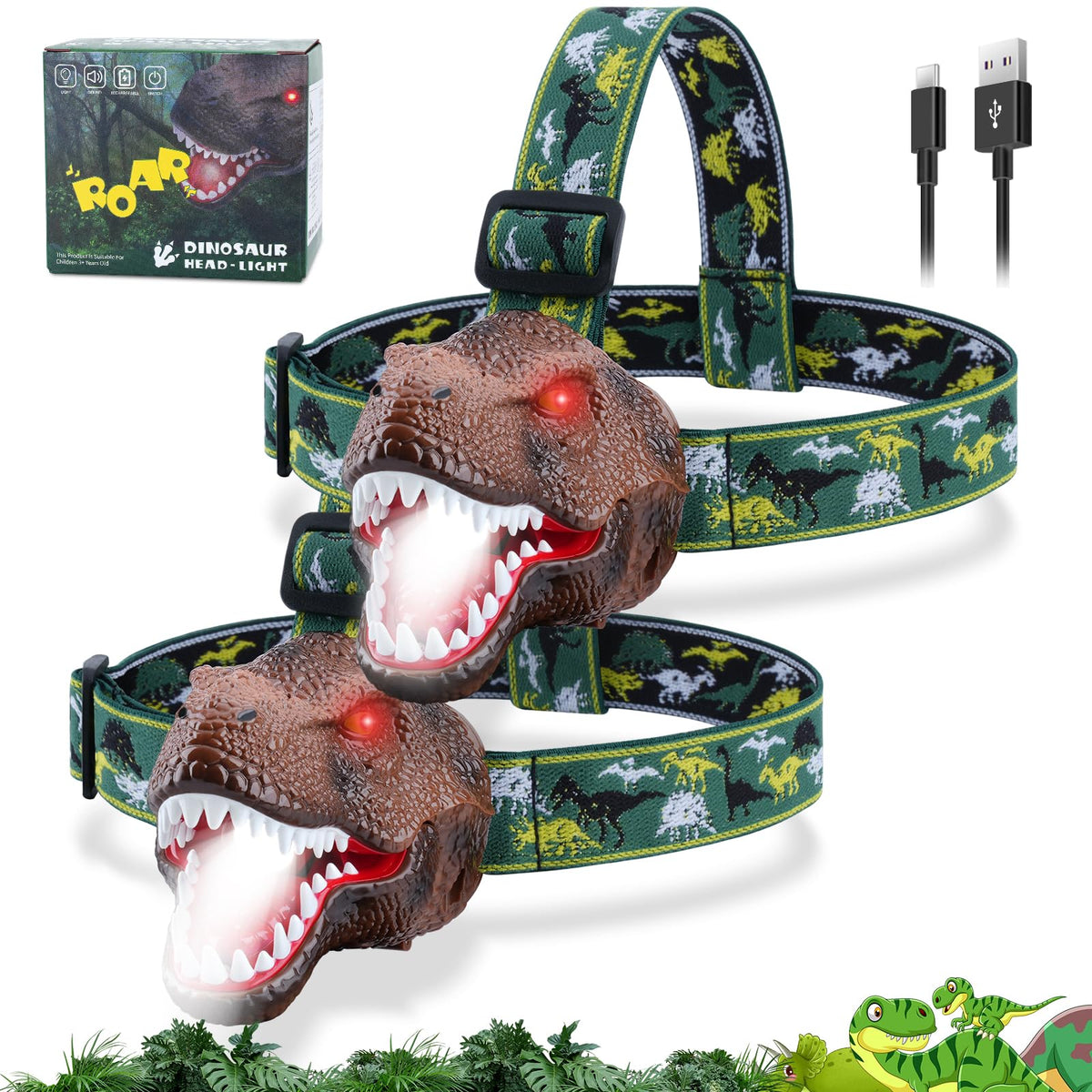 Nitigo Dinosaur Headlamp for Kids Flashlight 2 Pack, Rechargeable Led ...
