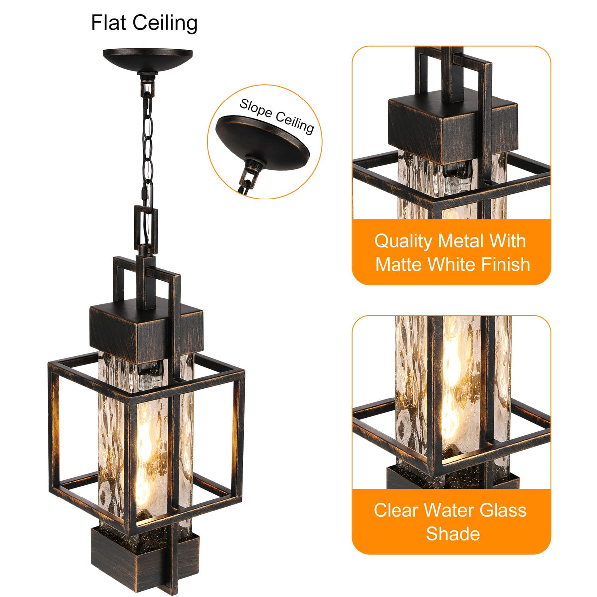 PARTPHONER 15in Outdoor Pendant Light, Black Brushed Gold Metal Chande ...