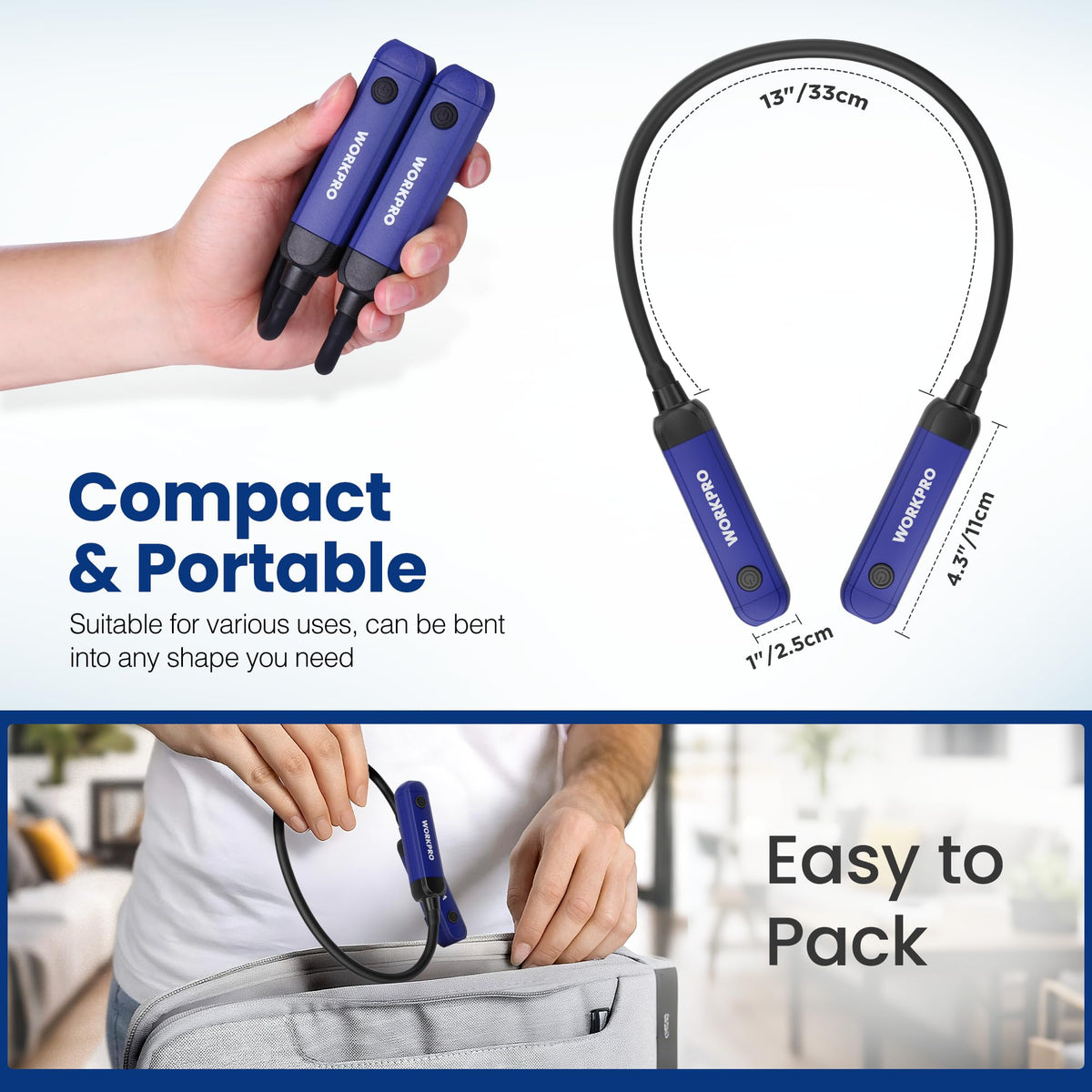WORKPRO Rechargeable Neck Light, 300 Lumens, 3 Brightness Levels, Bend ...
