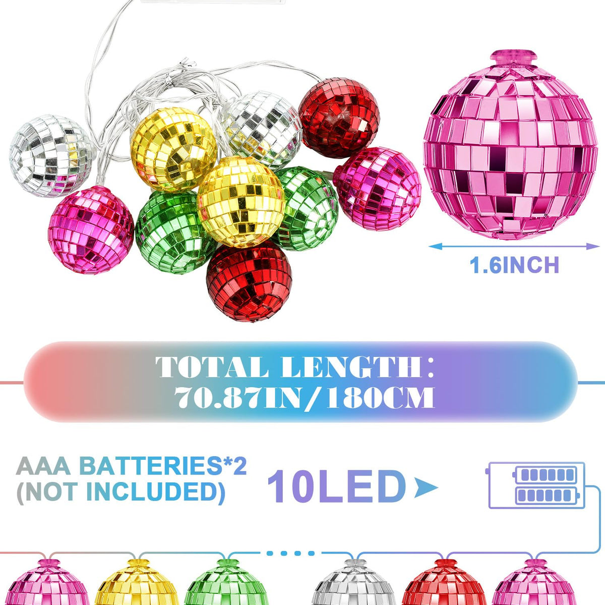 Bbto Led Disco Ball String Light Battery Powered Mirror Balls Ornament ...