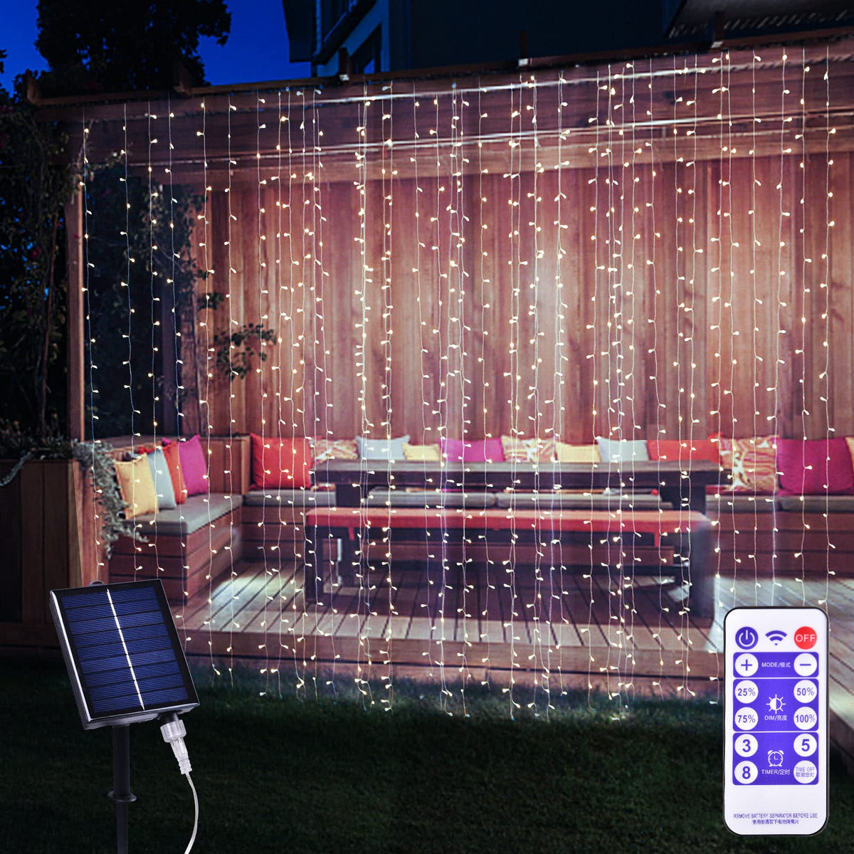 300Led Solar Curtain Lights Outdoor Indoor, Solar String Lights Outdoo ...