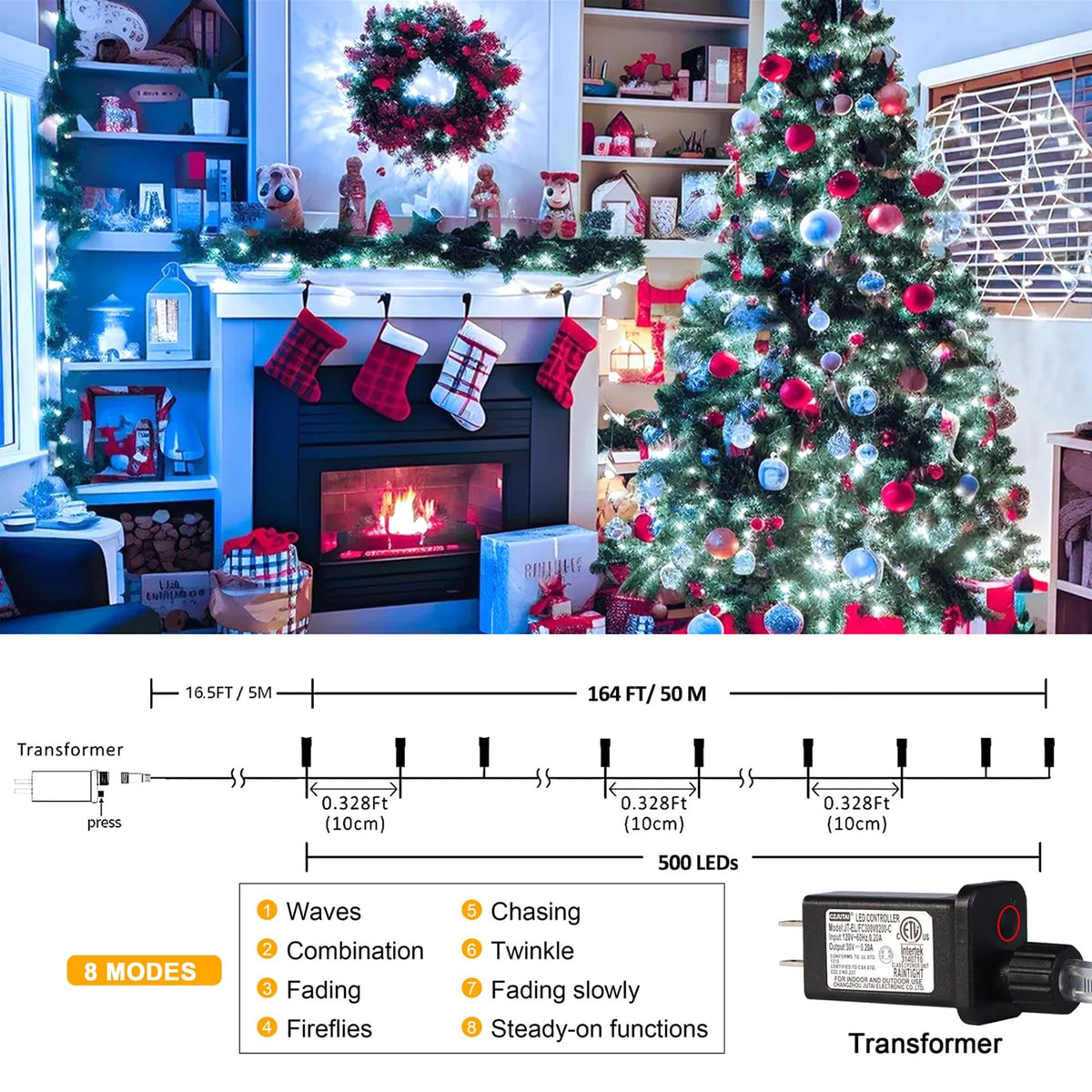 kemooie 500 LED Christmas Lights, 164FT 8 Lighting Modes Plug in ...