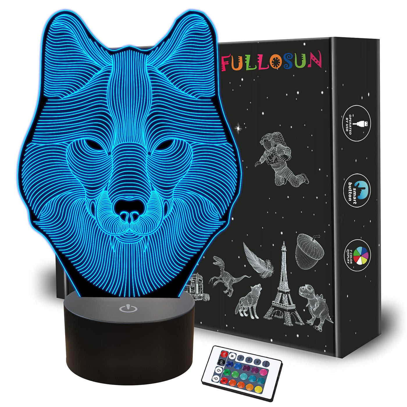 FULLOSUN 3D Wolf Night Light, Acrylic Optical Illusion Lamp, Remote Co ...
