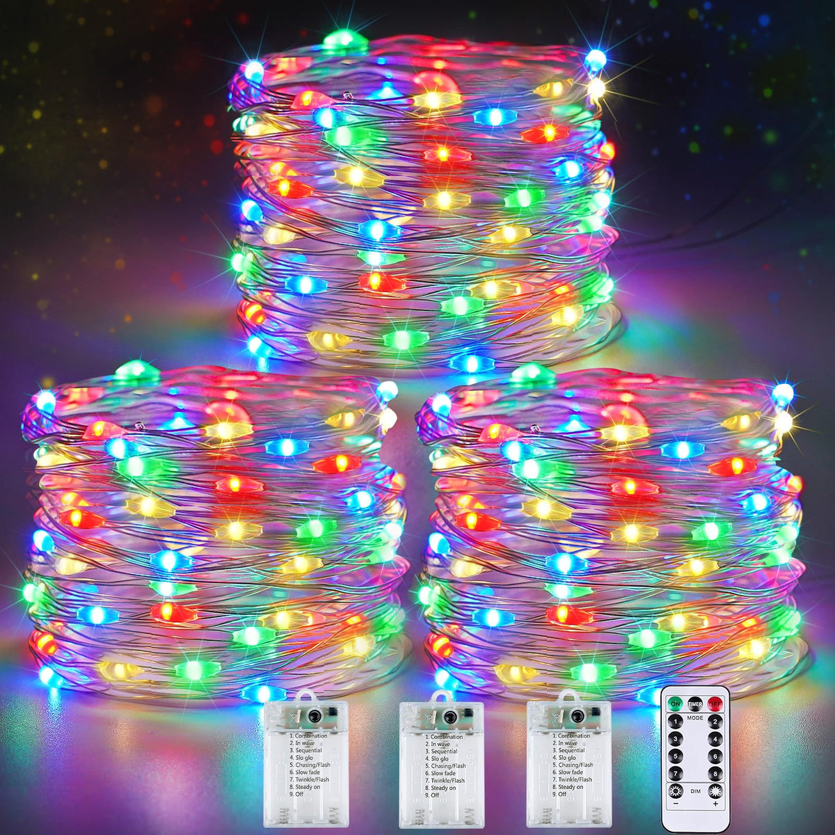 YIQU 3 Pack Battery Operated Fairy Lights, 26 FT, 80 LED, Remote Contr ...