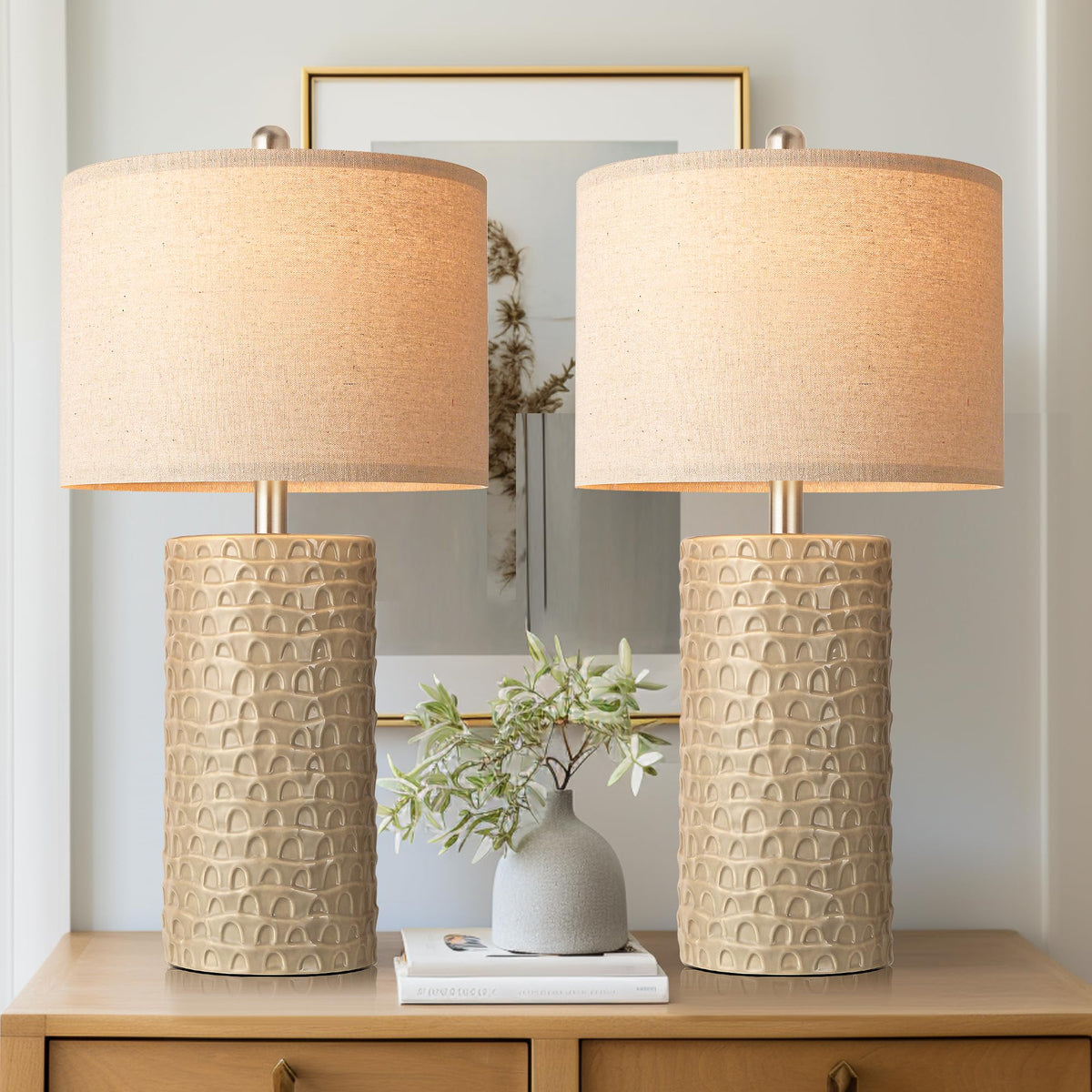 PARTPHONER Ceramic Table Lamp Set of 2, Rustic Beige, Model STR-DL-000 ...