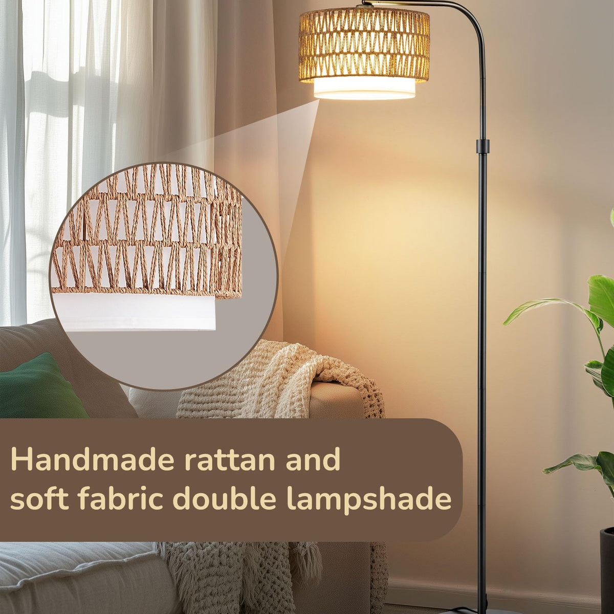 EDISHINE Rattan Floor Lamp for Bedroom, Mid Century Rattan & Fabric ...