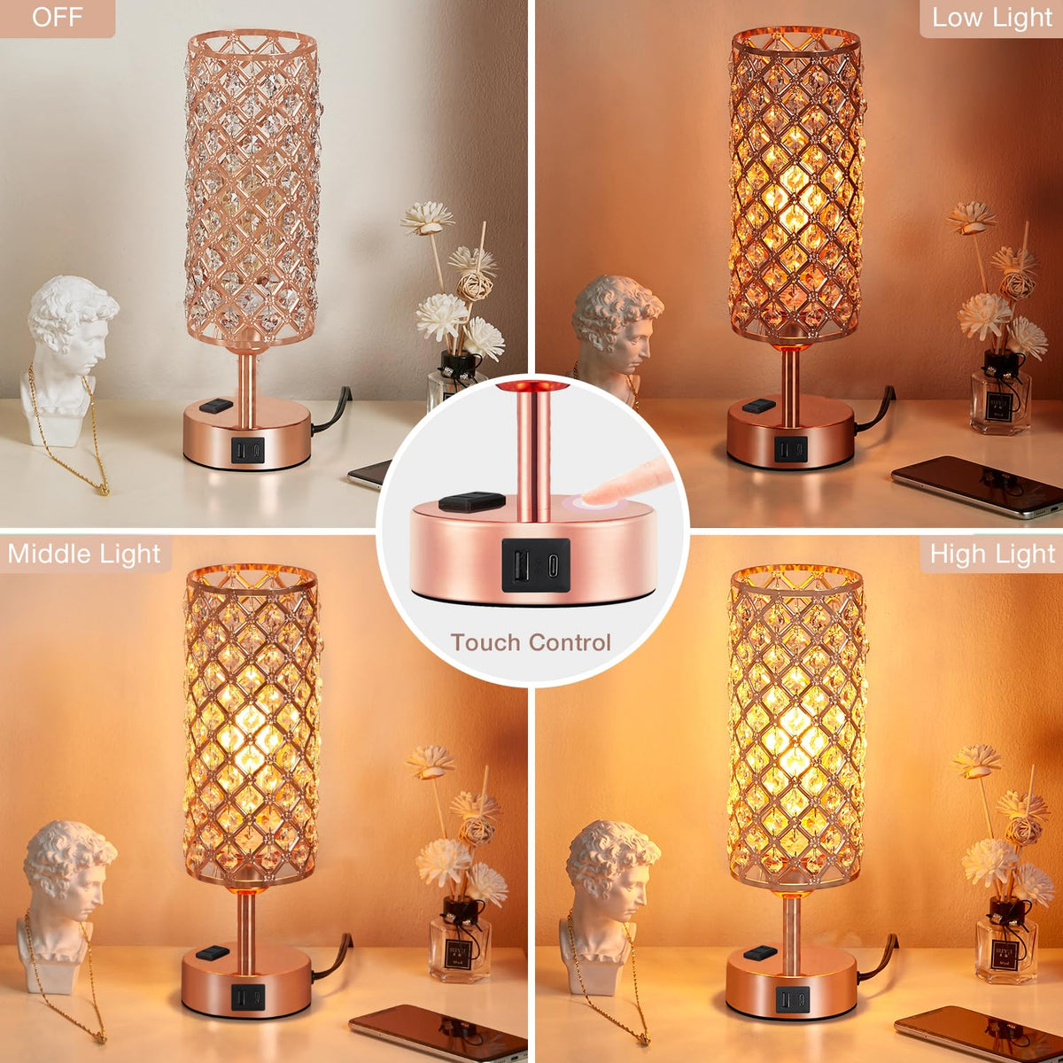 Hong-in Rose Gold Lamp Set of 2, 3-Way Crystal Table Lamp Touch Control ...