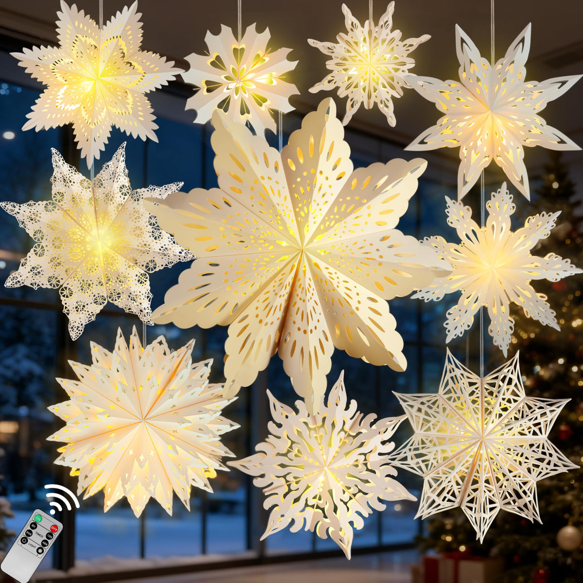 OuMuaMua 10 Pcs Christmas Paper Snowflake Lanterns - Large White Star ...